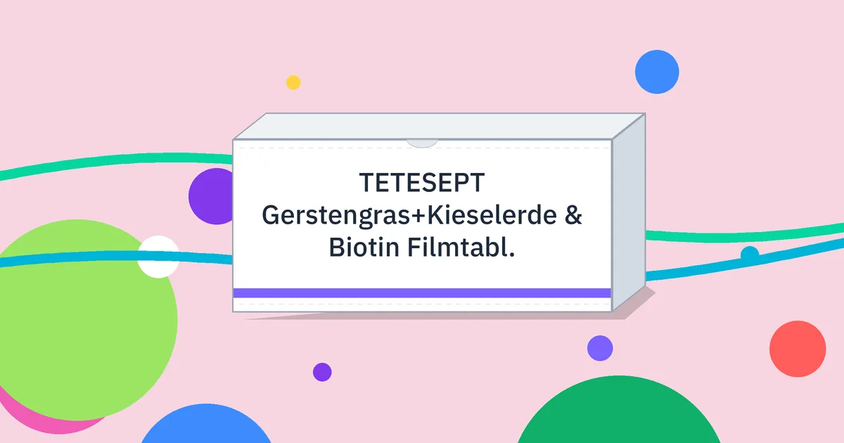 Symbolbild: Packung mit der Aufschrift TETESEPT Gerstengras+Kieselerde & Biotin Filmtabl. (PZN 18274235) – Verfügbarkeit und Bezug in Apotheken in Frankfurt am Main