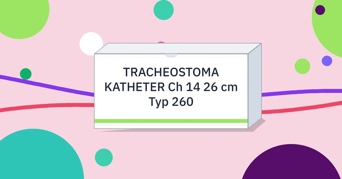 Symbolbild: Packung mit der Aufschrift TRACHEOSTOMA KATHETER Ch 14 26 cm Typ 260 (PZN 00927228) – Verfügbarkeit und Bezug in Apotheken in Frankfurt am Main