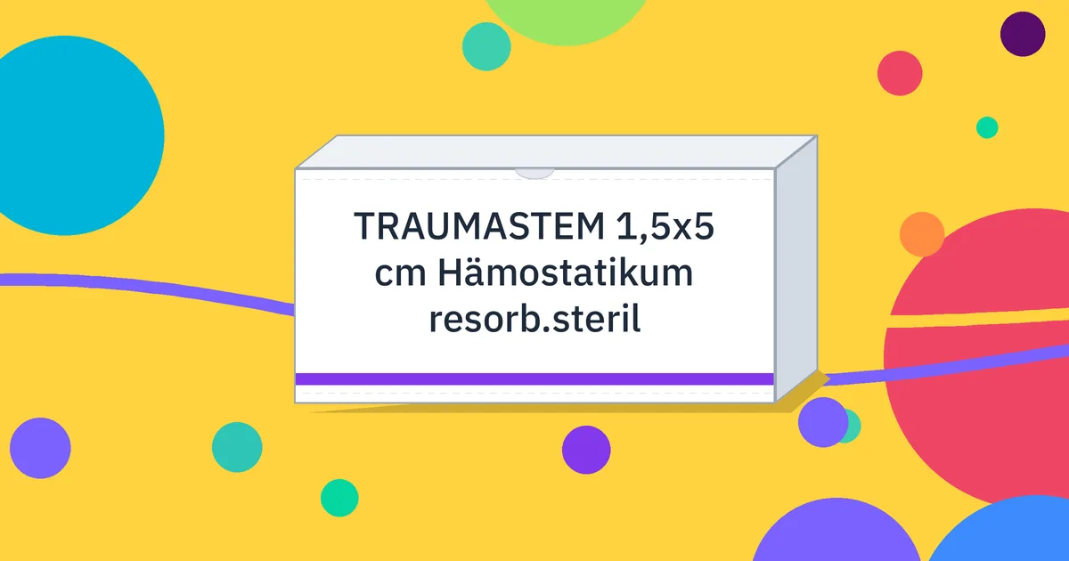 Symbolbild: Packung mit der Aufschrift TRAUMASTEM 1,5x5 cm Hämostatikum resorb.steril (PZN 20387840) – Verfügbarkeit und Bezug in Apotheken in Frankfurt am Main