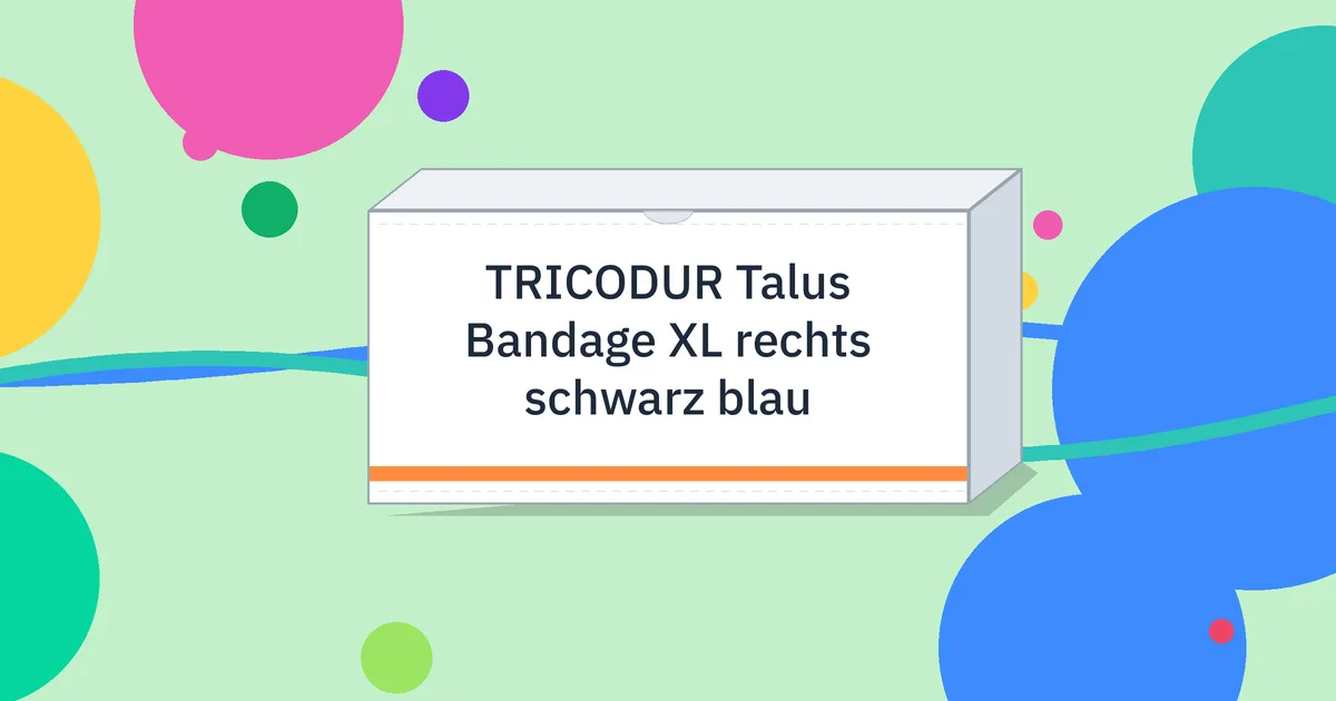 Symbolbild: Packung mit der Aufschrift TRICODUR Talus Bandage XL rechts schwarz blau (PZN 03094616) – Verfügbarkeit und Bezug in Apotheken in Frankfurt am Main