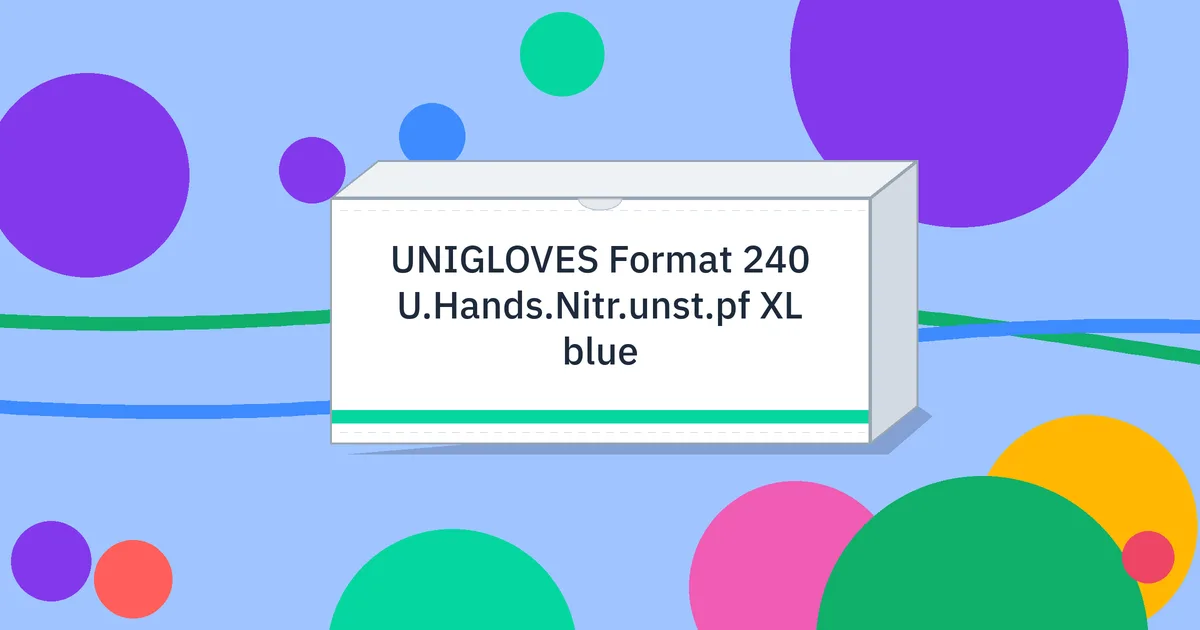 Symbolbild: Packung mit der Aufschrift UNIGLOVES Format 240 U.Hands.Nitr.unst.pf XL blue (PZN 18102020) – Verfügbarkeit und Bezug in Apotheken in Frankfurt am Main