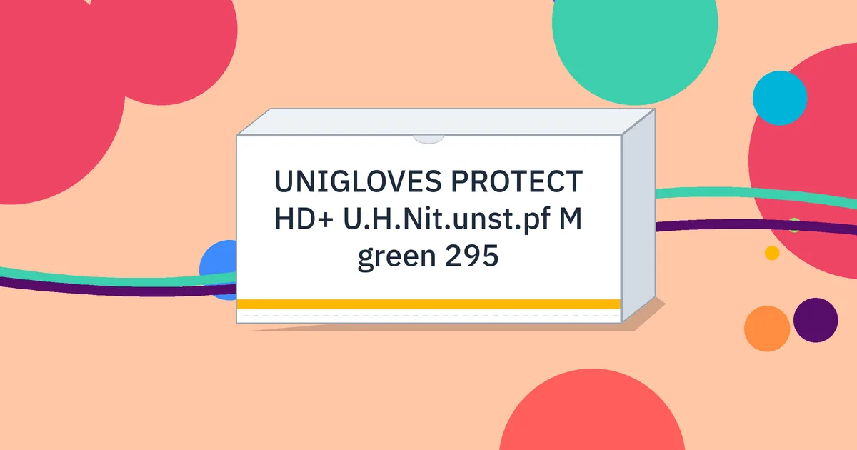 Symbolbild: Packung mit der Aufschrift UNIGLOVES PROTECT HD+ U.H.Nit.unst.pf M green 295 (PZN 20188885) – Verfügbarkeit und Bezug in Apotheken in Frankfurt am Main