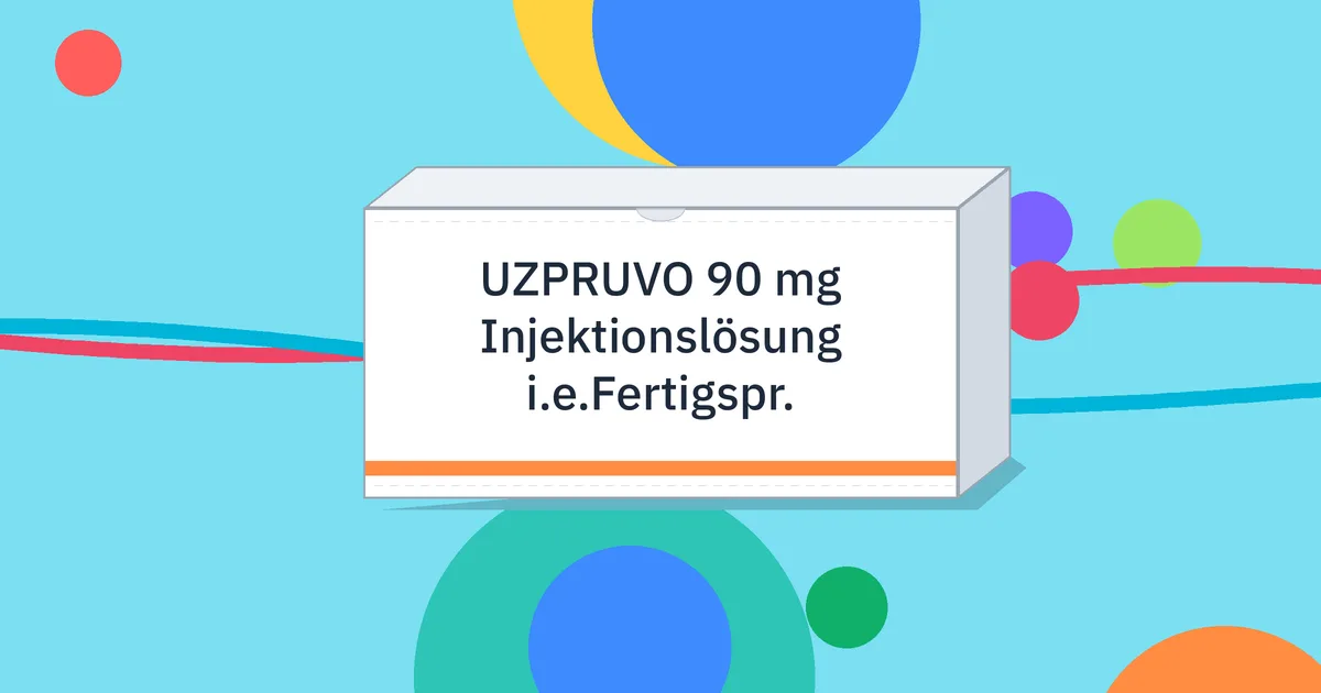 Symbolbild: Packung mit der Aufschrift UZPRUVO 90 mg Injektionslösung i.e.Fertigspr. (PZN 20086446) – Verfügbarkeit und Bezug in Apotheken in Frankfurt am Main