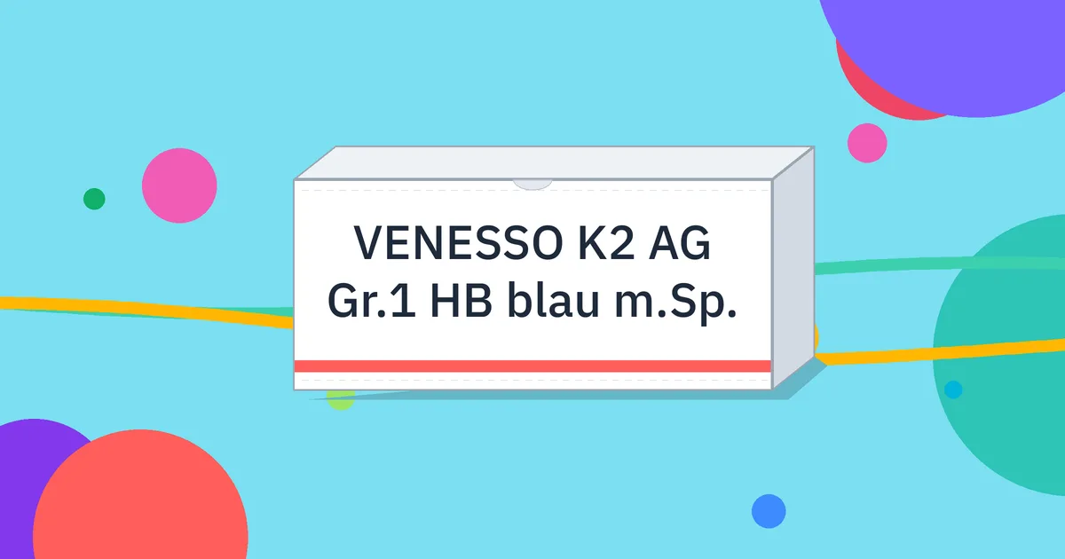 Symbolbild: Packung mit der Aufschrift VENESSO K2 AG Gr.1 HB blau m.Sp. (PZN 03264432) – Verfügbarkeit und Bezug in Apotheken in Frankfurt am Main