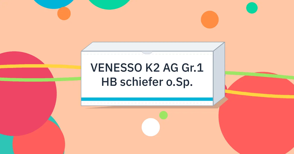 Symbolbild: Packung mit der Aufschrift VENESSO K2 AG Gr.1 HB schiefer o.Sp. (PZN 03265555) – Verfügbarkeit und Bezug in Apotheken in Frankfurt am Main