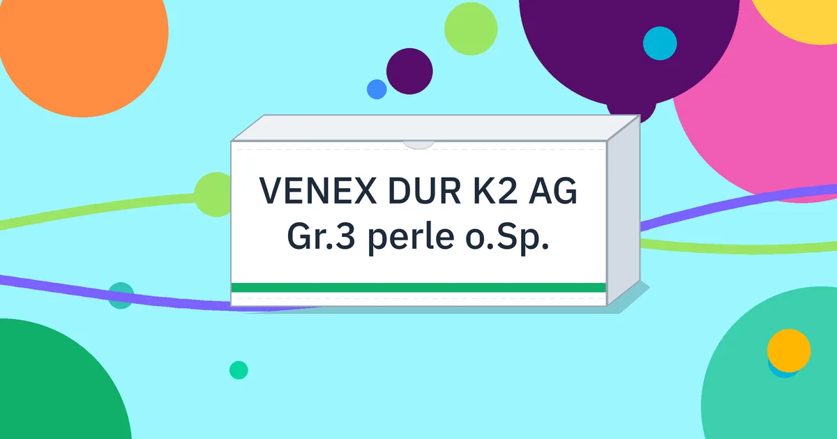 Symbolbild: Packung mit der Aufschrift VENEX DUR K2 AG Gr.3 perle o.Sp. (PZN 03216195) – Verfügbarkeit und Bezug in Apotheken in Frankfurt am Main