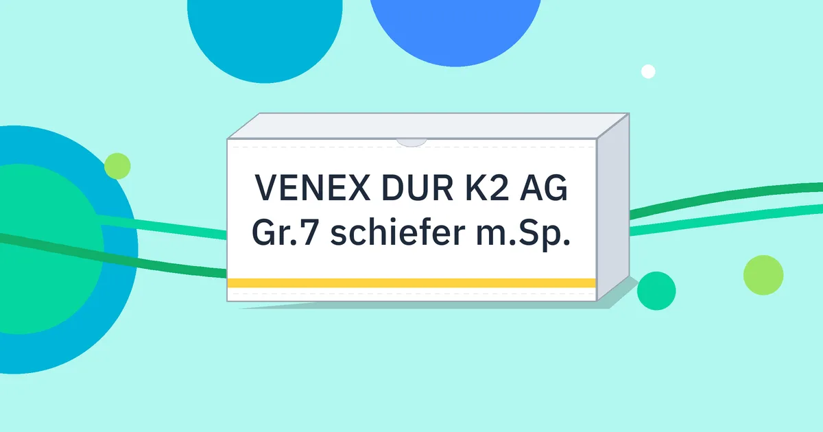 Symbolbild: Packung mit der Aufschrift VENEX DUR K2 AG Gr.7 schiefer m.Sp. (PZN 03213908) – Verfügbarkeit und Bezug in Apotheken in Frankfurt am Main