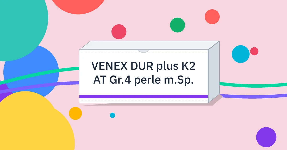 Symbolbild: Packung mit der Aufschrift VENEX DUR plus K2 AT Gr.4 perle m.Sp. (PZN 03234282) – Verfügbarkeit und Bezug in Apotheken in Frankfurt am Main