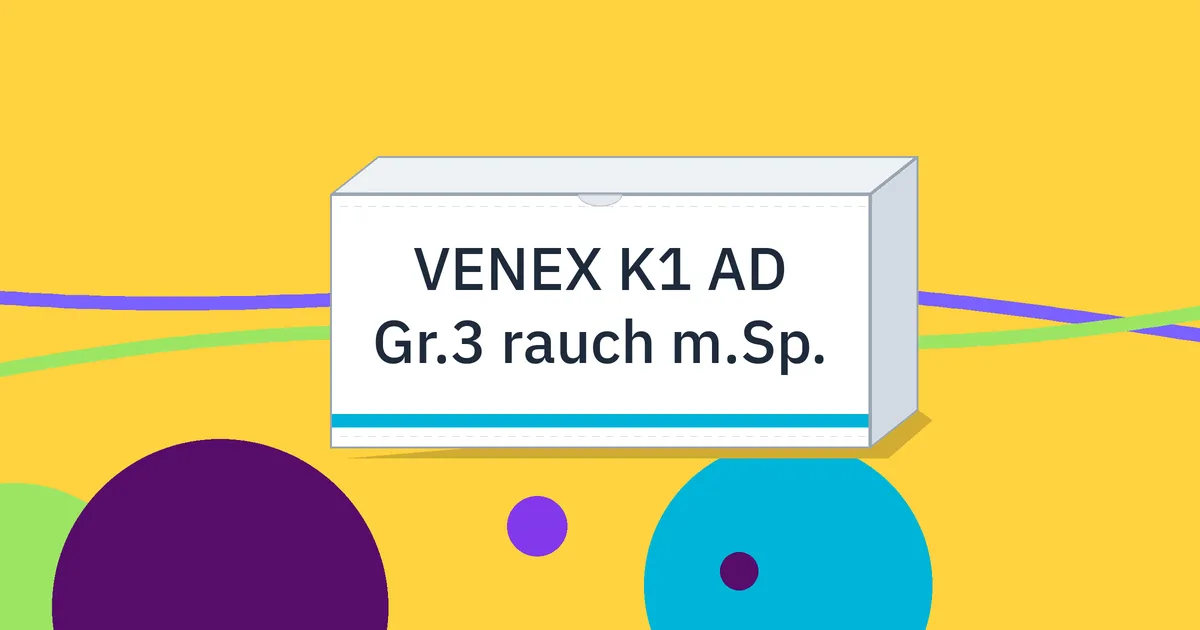 Symbolbild: Packung mit der Aufschrift VENEX K1 AD Gr.3 rauch m.Sp. (PZN 03183490) – Verfügbarkeit und Bezug in Apotheken in Frankfurt am Main