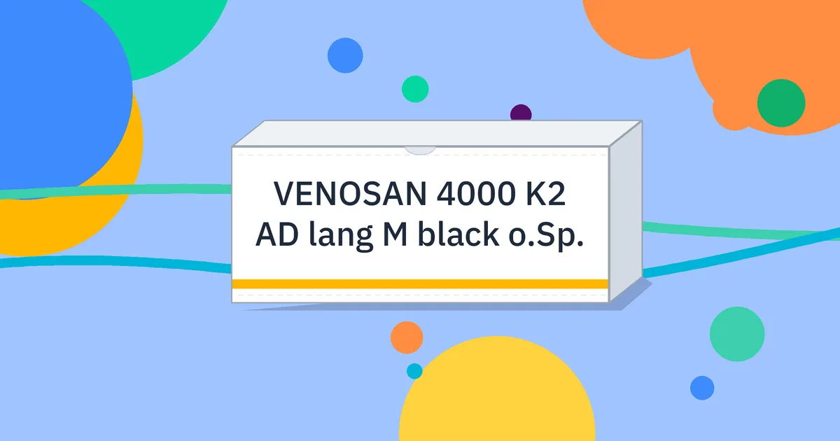 Symbolbild: Packung mit der Aufschrift VENOSAN 4000 K2 AD lang M black o.Sp. (PZN 14427127) – Verfügbarkeit und Bezug in Apotheken in Frankfurt am Main