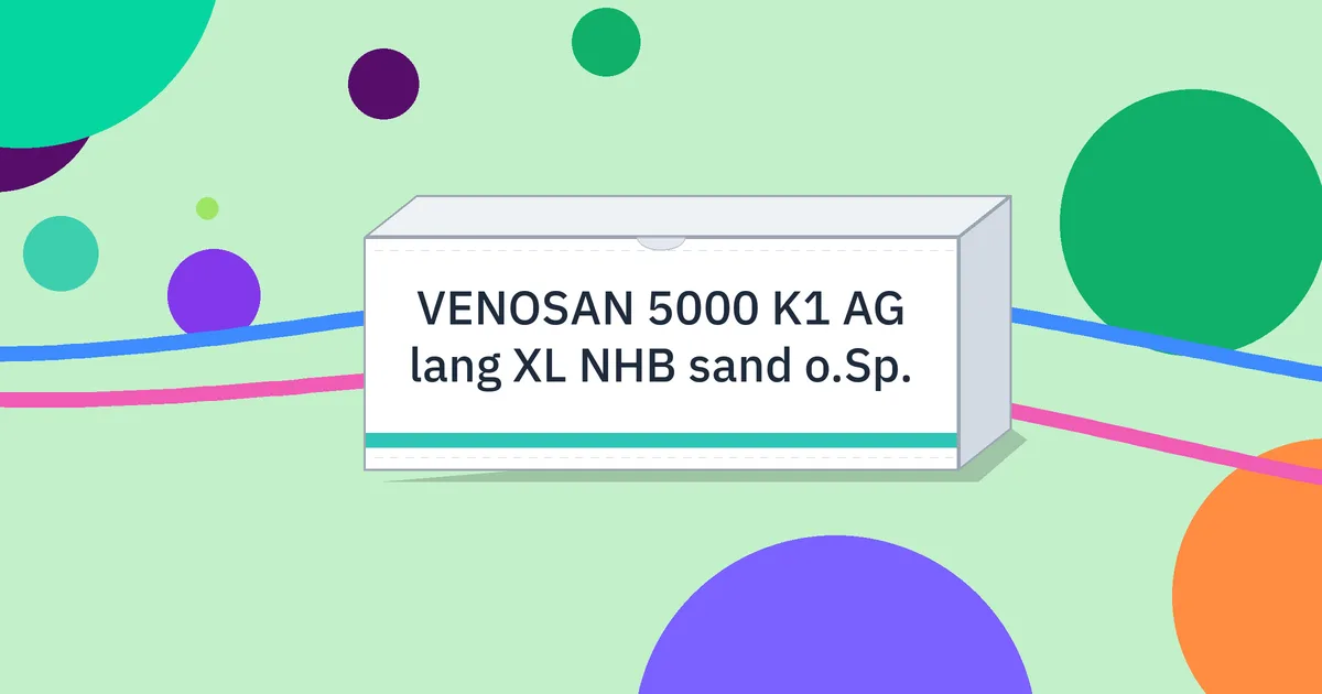 Symbolbild: Packung mit der Aufschrift VENOSAN 5000 K1 AG lang XL NHB sand o.Sp. (PZN 14428374) – Verfügbarkeit und Bezug in Apotheken in Frankfurt am Main