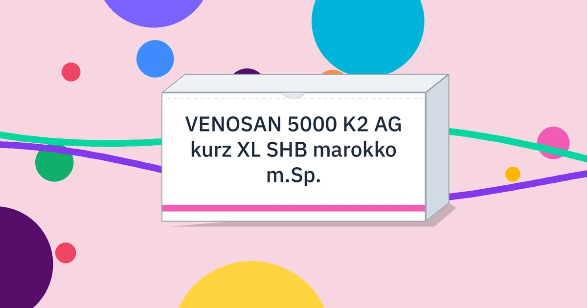 Symbolbild: Packung mit der Aufschrift VENOSAN 5000 K2 AG kurz XL SHB marokko m.Sp. (PZN 14432186) – Verfügbarkeit und Bezug in Apotheken in Frankfurt am Main
