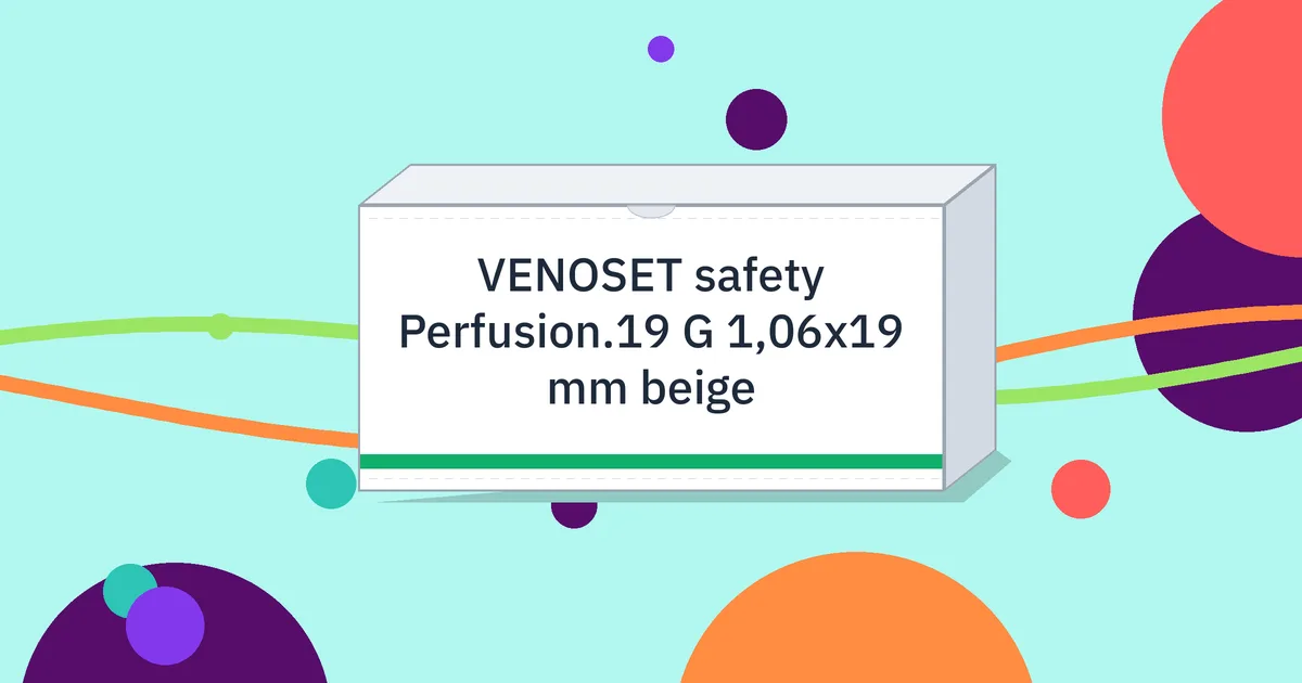 Symbolbild: Packung mit der Aufschrift VENOSET safety Perfusion.19 G 1,06x19 mm beige (PZN 13846945) – Verfügbarkeit und Bezug in Apotheken in Frankfurt am Main