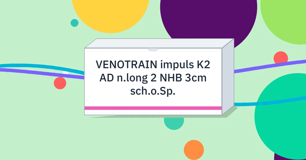 Symbolbild: Packung mit der Aufschrift VENOTRAIN impuls K2 AD n.long 2 NHB 3cm sch.o.Sp. (PZN 00653021) – Verfügbarkeit und Bezug in Apotheken in Frankfurt am Main