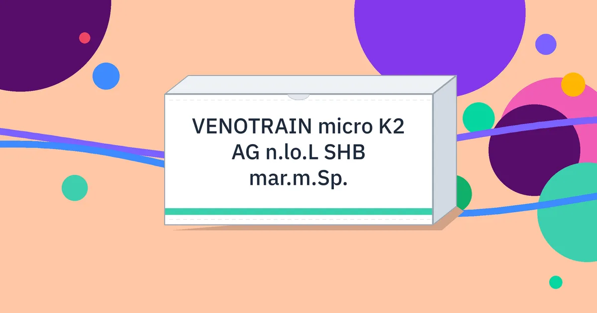 Symbolbild: Packung mit der Aufschrift VENOTRAIN micro K2 AG n.lo.L SHB mar.m.Sp. (PZN 06153319) – Verfügbarkeit und Bezug in Apotheken in Frankfurt am Main