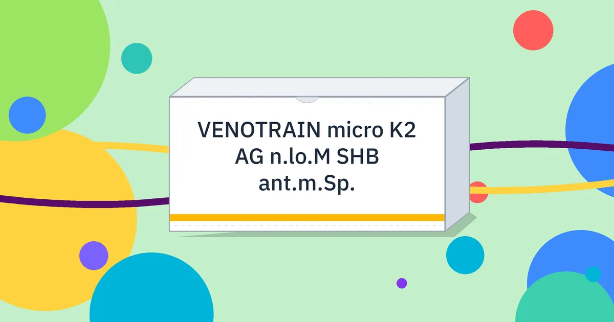 Symbolbild: Packung mit der Aufschrift VENOTRAIN micro K2 AG n.lo.M SHB ant.m.Sp. (PZN 11063274) – Verfügbarkeit und Bezug in Apotheken in Frankfurt am Main