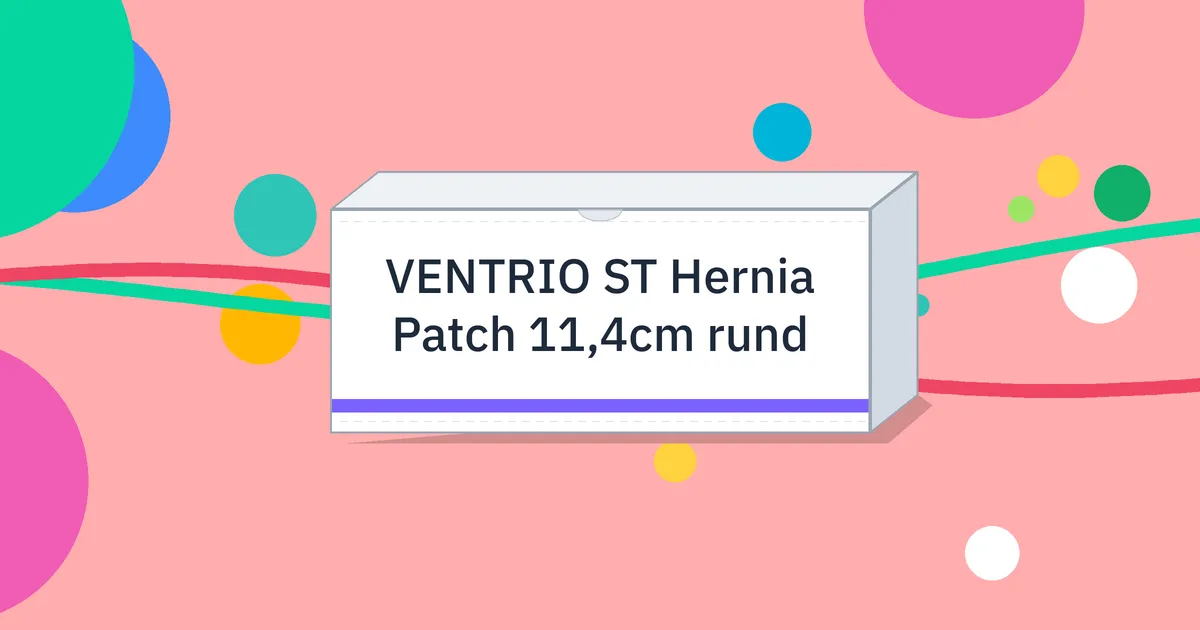 Symbolbild: Packung mit der Aufschrift VENTRIO ST Hernia Patch 11,4cm rund (PZN 09485105) – Verfügbarkeit und Bezug in Apotheken in Frankfurt am Main