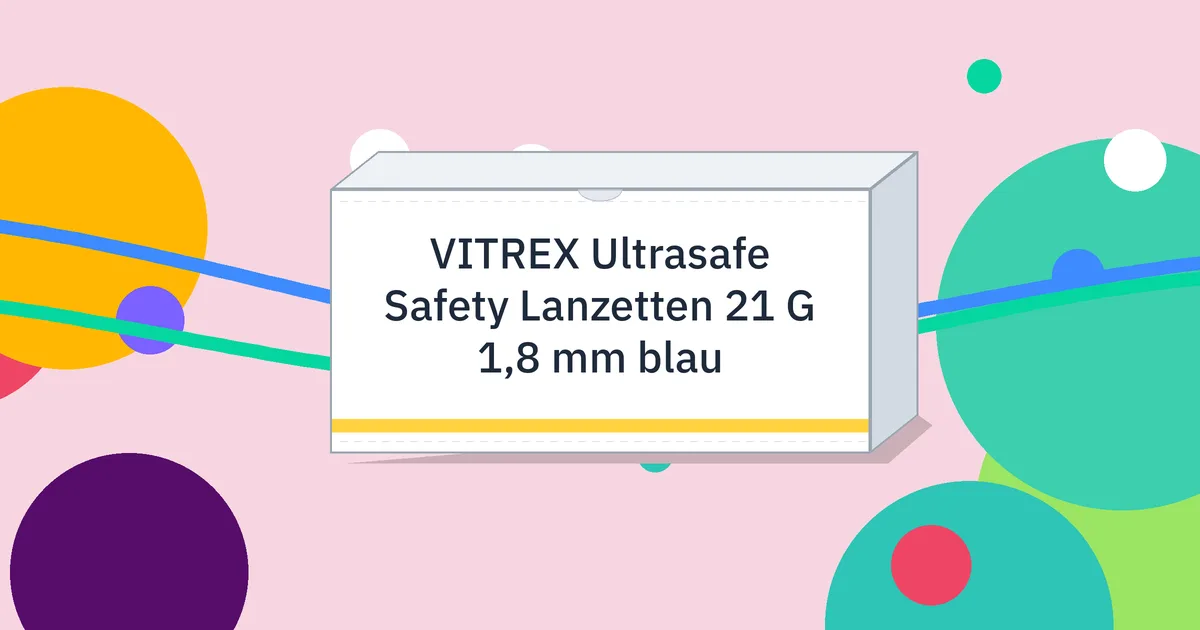Symbolbild: Packung mit der Aufschrift VITREX Ultrasafe Safety Lanzetten 21 G 1,8 mm blau (PZN 20130101) – Verfügbarkeit und Bezug in Apotheken in Frankfurt am Main