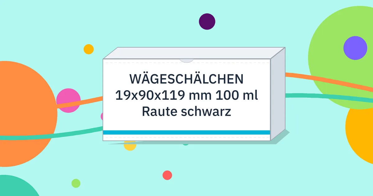 Symbolbild: Packung mit der Aufschrift WÄGESCHÄLCHEN 19x90x119 mm 100 ml Raute schwarz (PZN 18770796) – Verfügbarkeit und Bezug in Apotheken in Frankfurt am Main