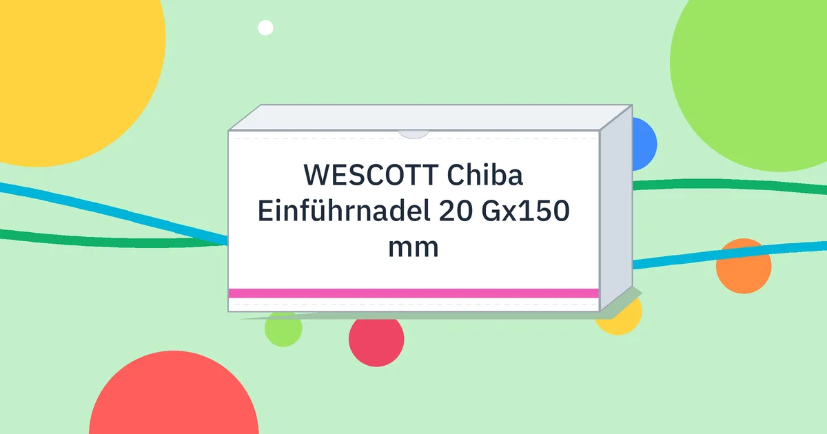 Symbolbild: Packung mit der Aufschrift WESCOTT Chiba Einführnadel 20 Gx150 mm (PZN 16920665) – Verfügbarkeit und Bezug in Apotheken in Frankfurt am Main