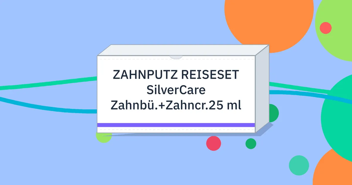Symbolbild: Packung mit der Aufschrift ZAHNPUTZ REISESET SilverCare Zahnbü.+Zahncr.25 ml (PZN 06474271) – Verfügbarkeit und Bezug in Apotheken in Frankfurt am Main