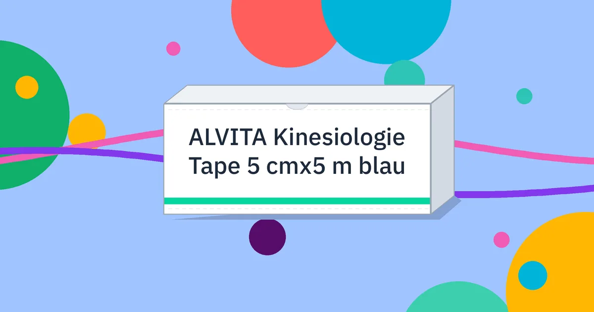 Symbolbild: Packung mit der Aufschrift ALVITA Kinesiologie Tape 5 cmx5 m blau (PZN 16811410) – Verfügbarkeit und Bezug in Apotheken in Frankfurt am Main