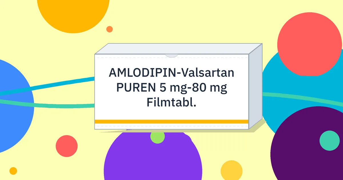 Symbolbild: Packung mit der Aufschrift AMLODIPIN-Valsartan PUREN 5 mg-80 mg Filmtabl. (PZN 12352477) – Verfügbarkeit und Bezug in Apotheken in Frankfurt am Main