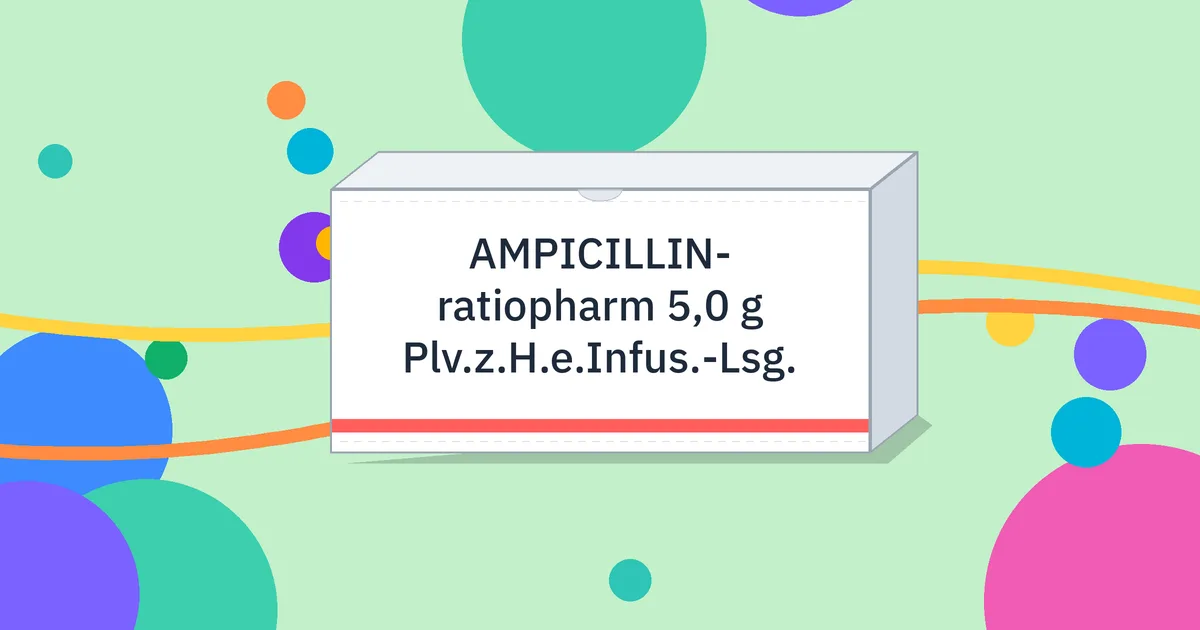 Symbolbild: Packung mit der Aufschrift AMPICILLIN-ratiopharm 5,0 g Plv.z.H.e.Infus.-Lsg. (PZN 02036640) – Verfügbarkeit und Bezug in Apotheken in Frankfurt am Main