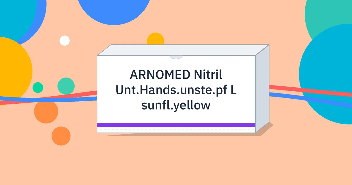 Symbolbild: Packung mit der Aufschrift ARNOMED Nitril Unt.Hands.unste.pf L sunfl.yellow (PZN 18137053) – Verfügbarkeit und Bezug in Apotheken in Frankfurt am Main