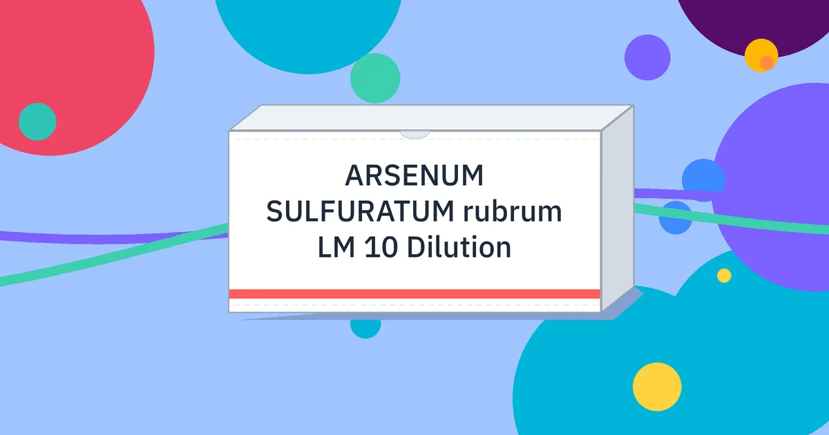 Symbolbild: Packung mit der Aufschrift ARSENUM SULFURATUM rubrum LM 10 Dilution (PZN 12779744) – Verfügbarkeit und Bezug in Apotheken in Frankfurt am Main