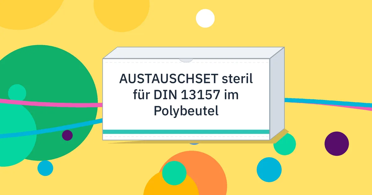 Symbolbild: Packung mit der Aufschrift AUSTAUSCHSET steril für DIN 13157 im Polybeutel (PZN 12491664) – Verfügbarkeit und Bezug in Apotheken in Frankfurt am Main