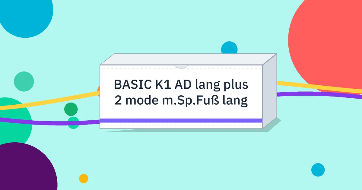 Symbolbild: Packung mit der Aufschrift BASIC K1 AD lang plus 2 mode m.Sp.Fuß lang (PZN 20257669) – Verfügbarkeit und Bezug in Apotheken in Frankfurt am Main