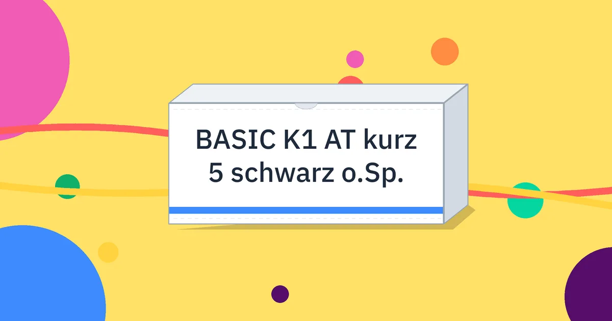 Symbolbild: Packung mit der Aufschrift BASIC K1 AT kurz 5 schwarz o.Sp. (PZN 20262995) – Verfügbarkeit und Bezug in Apotheken in Frankfurt am Main