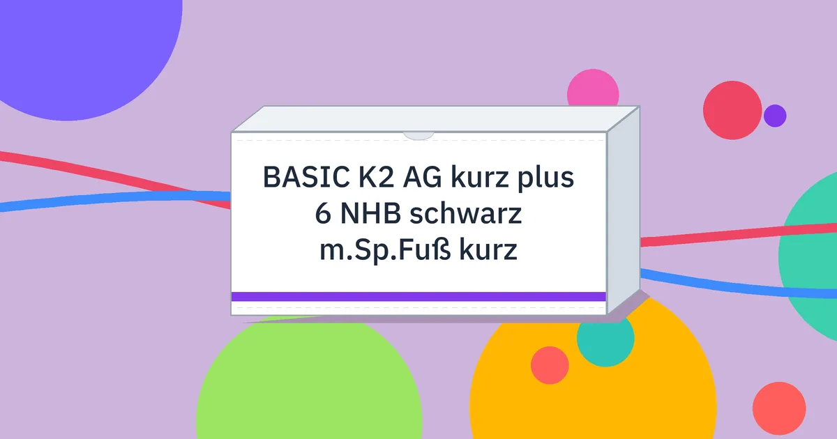 Symbolbild: Packung mit der Aufschrift BASIC K2 AG kurz plus 6 NHB schwarz m.Sp.Fuß kurz (PZN 20268348) – Verfügbarkeit und Bezug in Apotheken in Frankfurt am Main