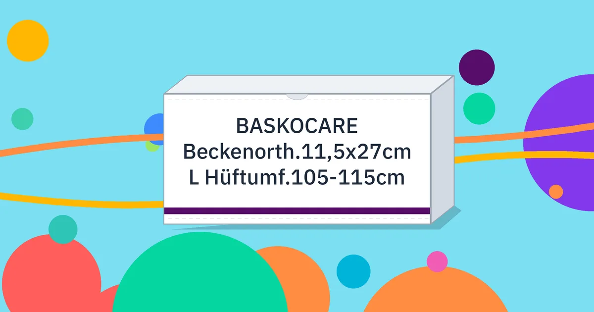 Symbolbild: Packung mit der Aufschrift BASKOCARE Beckenorth.11,5x27cm L Hüftumf.105-115cm (PZN 14047761) – Verfügbarkeit und Bezug in Apotheken in Frankfurt am Main