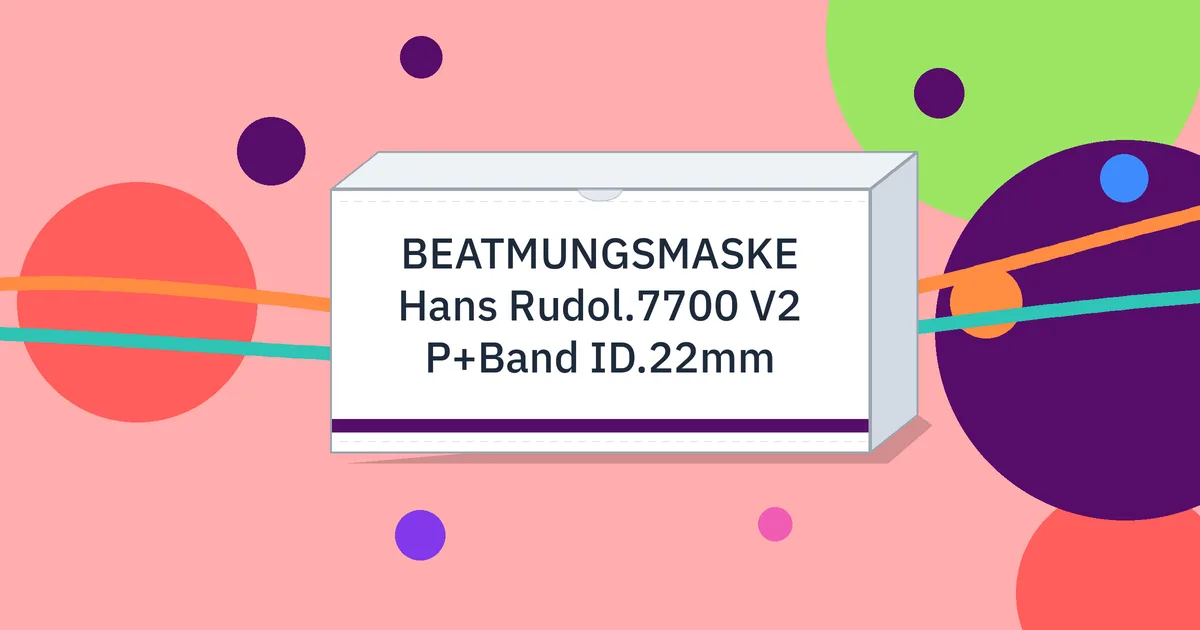 Symbolbild: Packung mit der Aufschrift BEATMUNGSMASKE Hans Rudol.7700 V2 P+Band ID.22mm (PZN 17303199) – Verfügbarkeit und Bezug in Apotheken in Frankfurt am Main