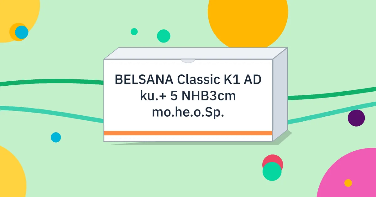 Symbolbild: Packung mit der Aufschrift BELSANA Classic K1 AD ku.+ 5 NHB3cm mo.he.o.Sp. (PZN 19256624) – Verfügbarkeit und Bezug in Apotheken in Frankfurt am Main