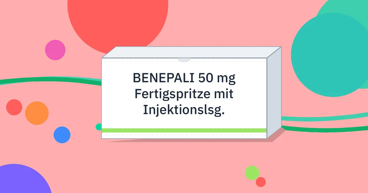 Symbolbild: Packung mit der Aufschrift BENEPALI 50 mg Fertigspritze mit Injektionslsg. (PZN 14276906) – Verfügbarkeit und Bezug in Apotheken in Frankfurt am Main