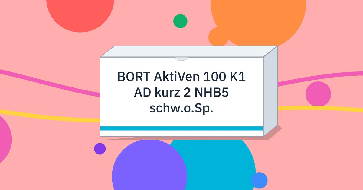 Symbolbild: Packung mit der Aufschrift BORT AktiVen 100 K1 AD kurz 2 NHB5 schw.o.Sp. (PZN 17497281) – Verfügbarkeit und Bezug in Apotheken in Frankfurt am Main