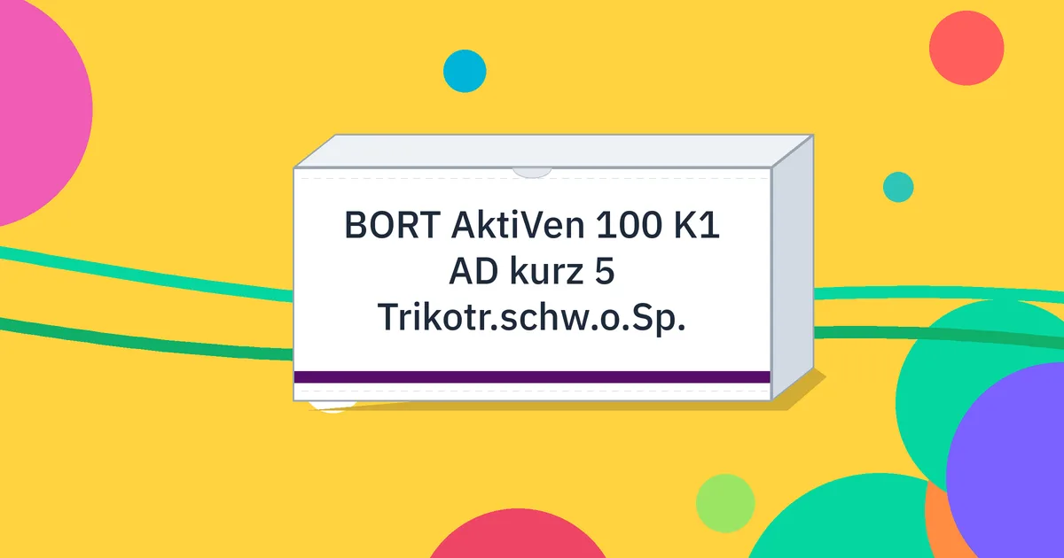 Symbolbild: Packung mit der Aufschrift BORT AktiVen 100 K1 AD kurz 5 Trikotr.schw.o.Sp. (PZN 14386983) – Verfügbarkeit und Bezug in Apotheken in Frankfurt am Main