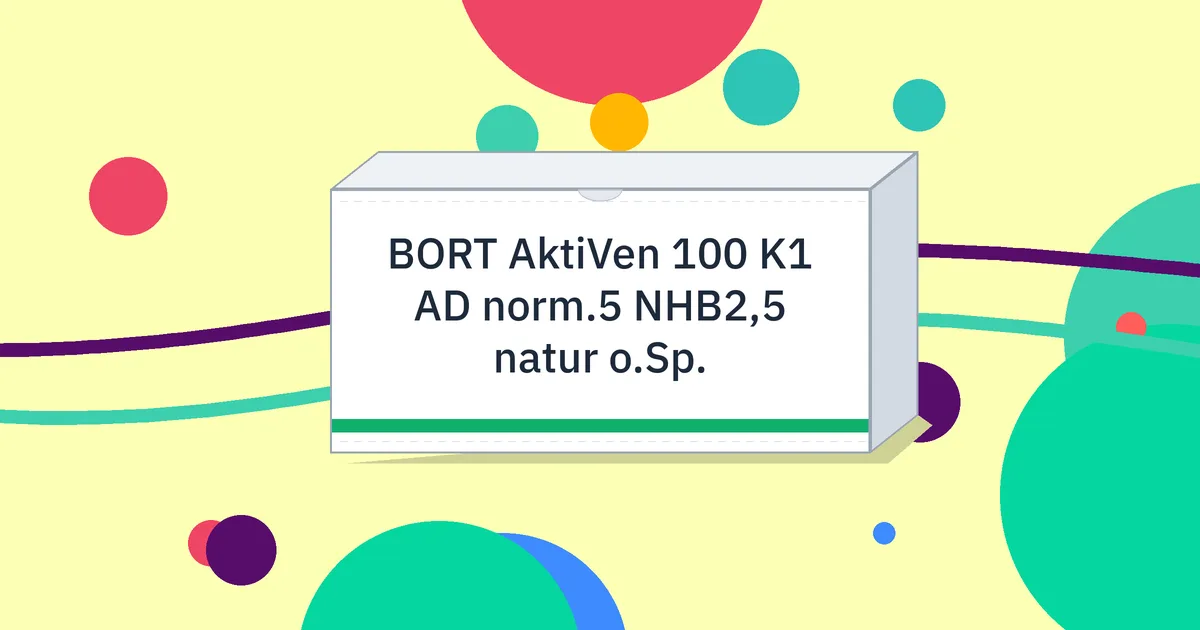 Symbolbild: Packung mit der Aufschrift BORT AktiVen 100 K1 AD norm.5 NHB2,5 natur o.Sp. (PZN 17498263) – Verfügbarkeit und Bezug in Apotheken in Frankfurt am Main