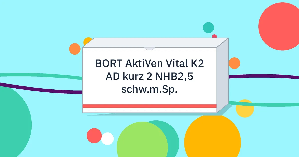 Symbolbild: Packung mit der Aufschrift BORT AktiVen Vital K2 AD kurz 2 NHB2,5 schw.m.Sp. (PZN 17498139) – Verfügbarkeit und Bezug in Apotheken in Frankfurt am Main