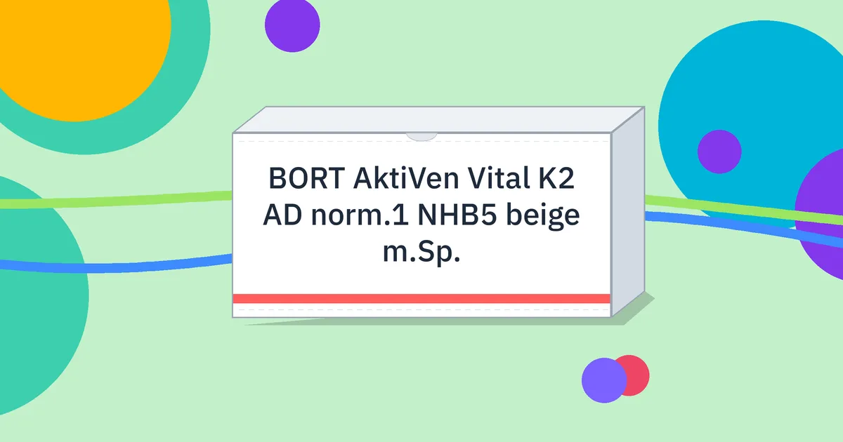 Symbolbild: Packung mit der Aufschrift BORT AktiVen Vital K2 AD norm.1 NHB5 beige m.Sp. (PZN 17494288) – Verfügbarkeit und Bezug in Apotheken in Frankfurt am Main