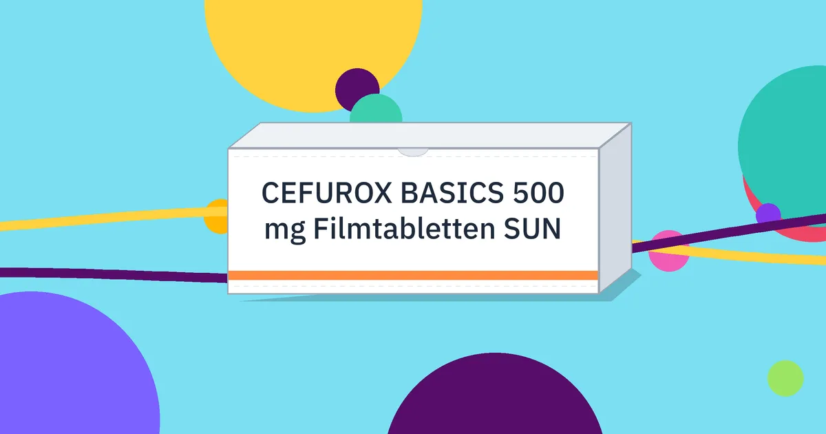 Symbolbild: Packung mit der Aufschrift CEFUROX BASICS 500 mg Filmtabletten SUN (PZN 16230506) – Verfügbarkeit und Bezug in Apotheken in Frankfurt am Main