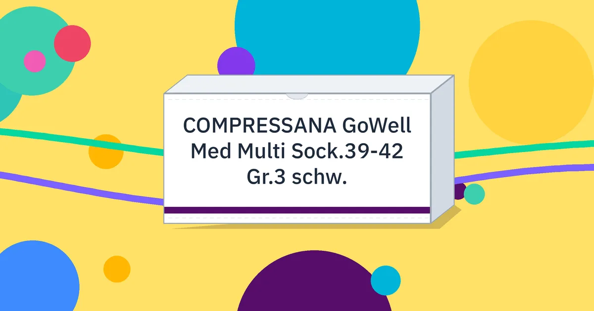 Symbolbild: Packung mit der Aufschrift COMPRESSANA GoWell Med Multi Sock.39-42 Gr.3 schw. (PZN 03116217) – Verfügbarkeit und Bezug in Apotheken in Frankfurt am Main