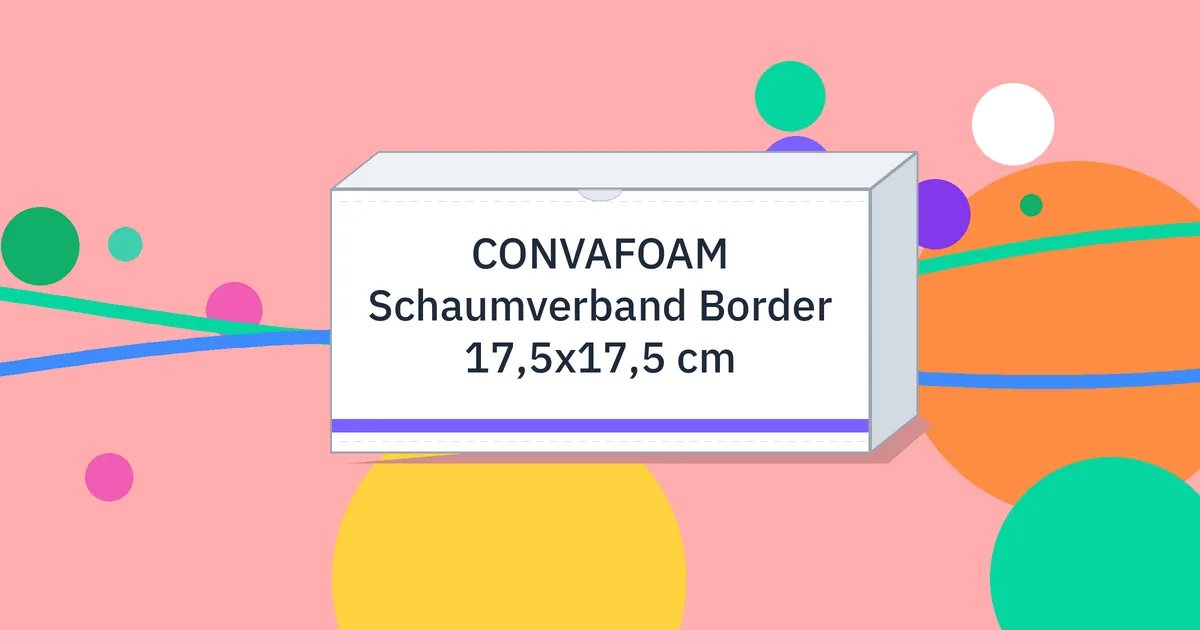 Symbolbild: Packung mit der Aufschrift CONVAFOAM Schaumverband Border 17,5x17,5 cm (PZN 18900069) – Verfügbarkeit und Bezug in Apotheken in Frankfurt am Main