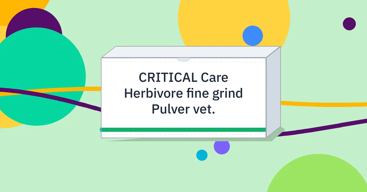Symbolbild: Packung mit der Aufschrift CRITICAL Care Herbivore fine grind Pulver vet. (PZN 20612745) – Verfügbarkeit und Bezug in Apotheken in Frankfurt am Main