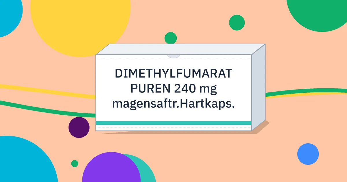 Symbolbild: Packung mit der Aufschrift DIMETHYLFUMARAT PUREN 240 mg magensaftr.Hartkaps. (PZN 19557610) – Verfügbarkeit und Bezug in Apotheken in Frankfurt am Main