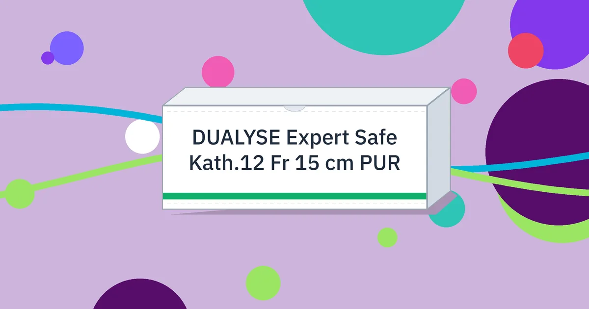 Symbolbild: Packung mit der Aufschrift DUALYSE Expert Safe Kath.12 Fr 15 cm PUR (PZN 11125319) – Verfügbarkeit und Bezug in Apotheken in Frankfurt am Main