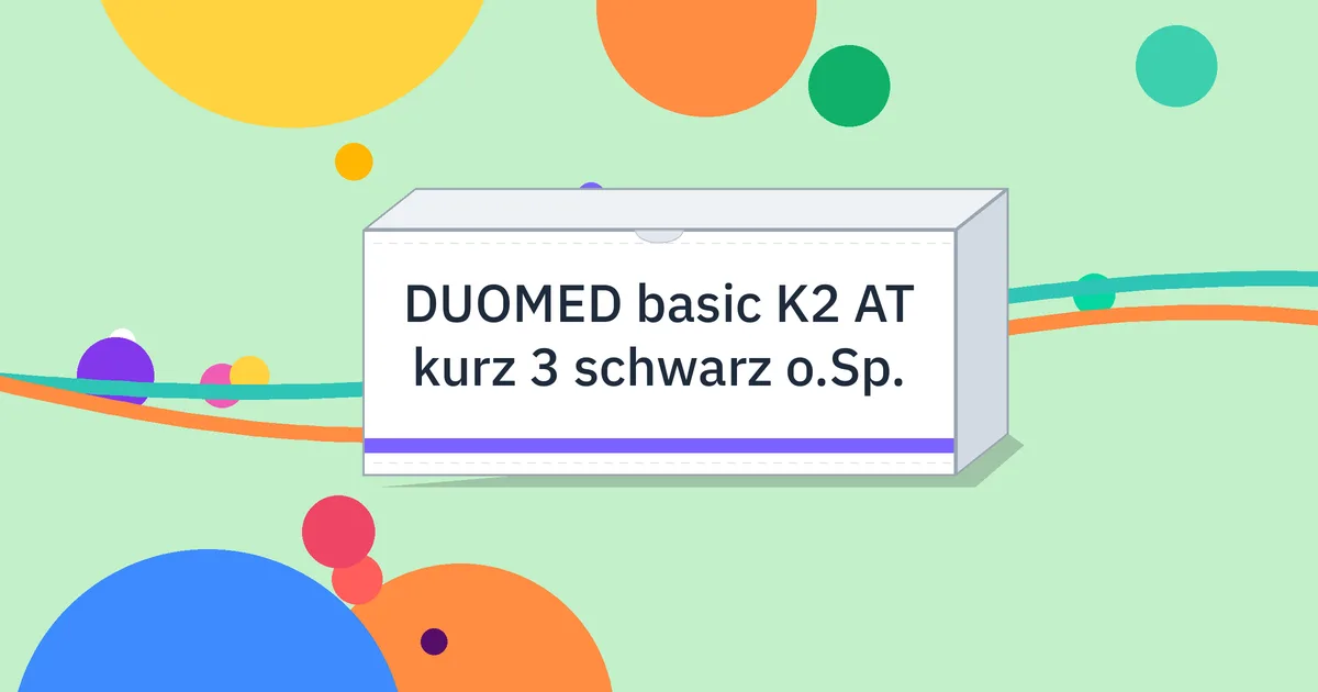Symbolbild: Packung mit der Aufschrift DUOMED basic K2 AT kurz 3 schwarz o.Sp. (PZN 20906458) – Verfügbarkeit und Bezug in Apotheken in Frankfurt am Main